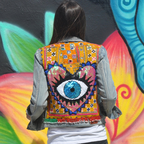 Evil eye sequin denim jacket | Pachamama Bohemian